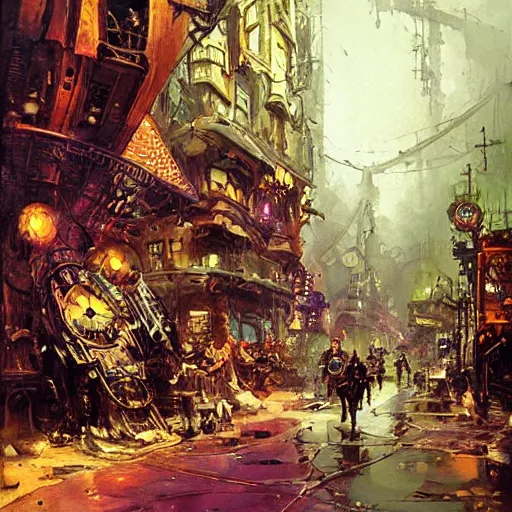 people a street in steampunk new crobuzon by tom | Stable Diffusion