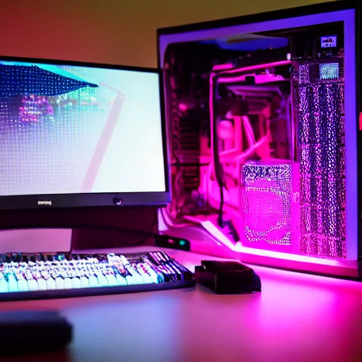 a synthwave pc gaming setup, photography | Stable Diffusion