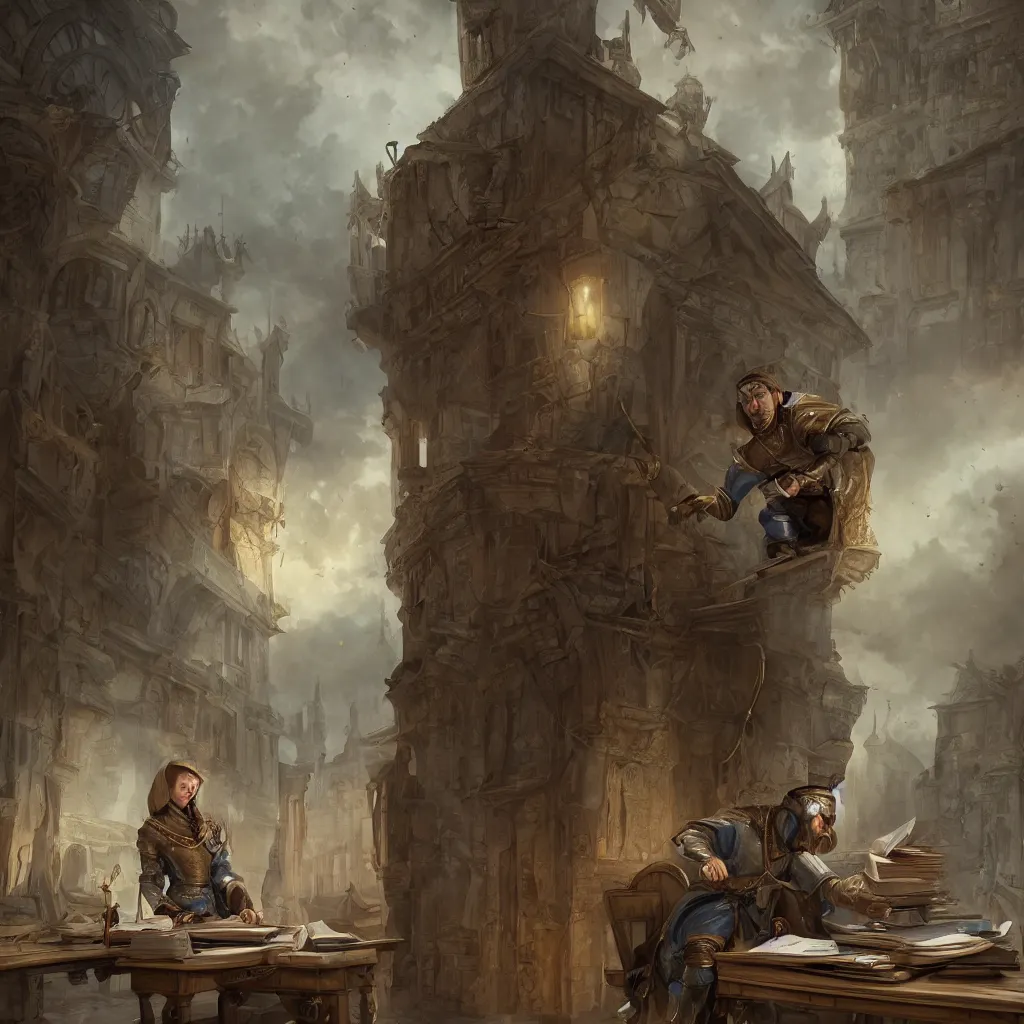 a medieval noble bent over a desk with papers on it, a | Stable ...