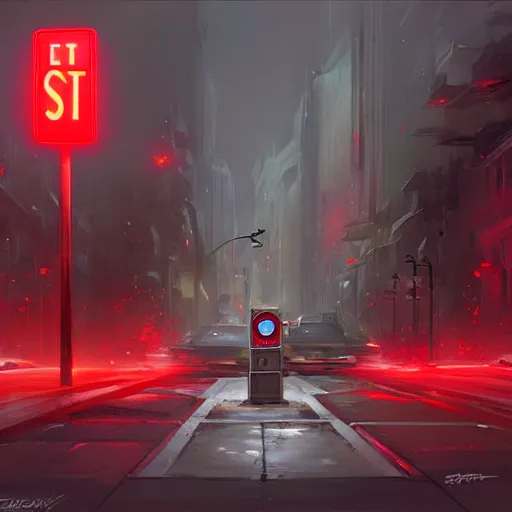 a red stop sign at the end of a street greg rutkowski, | Stable Diffusion