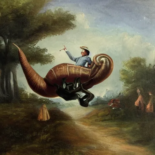 A painting of a man riding on a giant snail in a park | Stable ...
