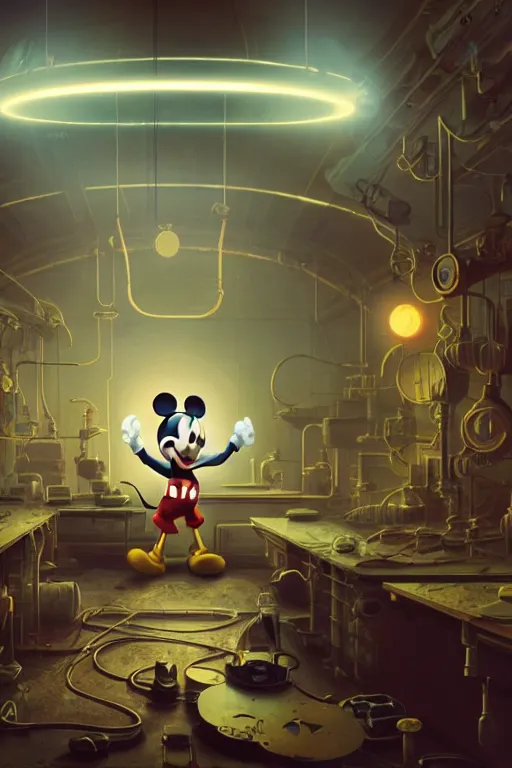 mechanics operating mickey mouse in abandoned science | Stable Diffusion
