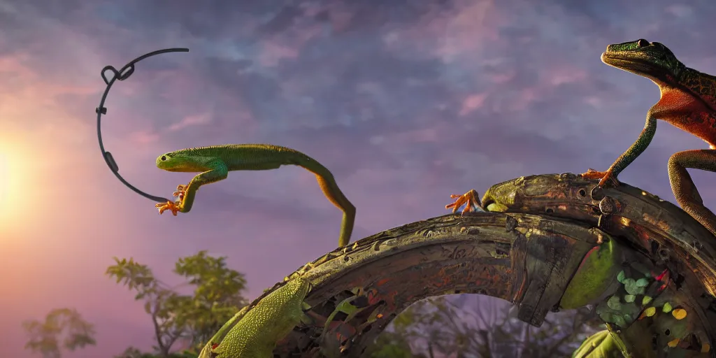 gecko riding a unicycle at sunrise, photo real, ultra | Stable ...