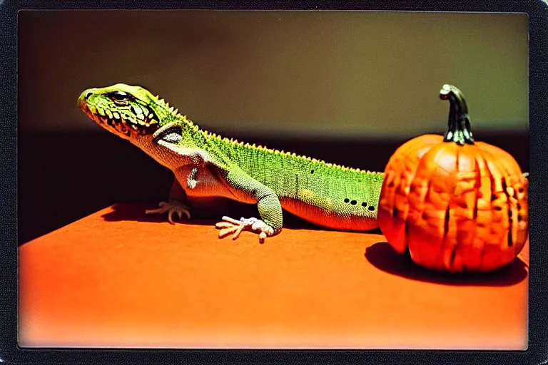 a lizard sitting at a table, they eat pumpkin, creepy, | Stable ...