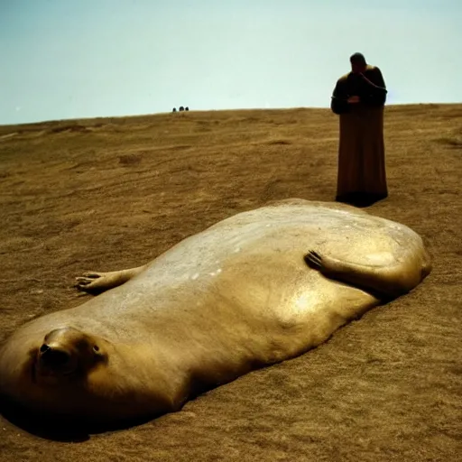 Neolithic humans praying to a giant golden baby seal, | Stable ...