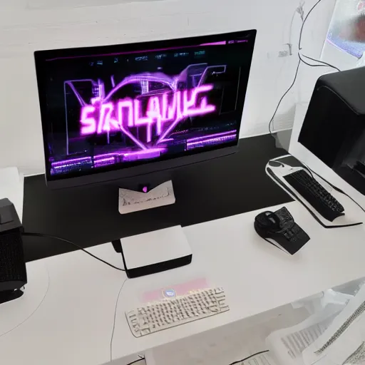 a synthwave pc gaming setup, photography | Stable Diffusion