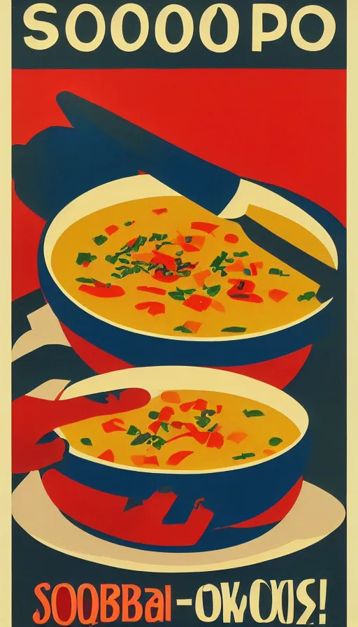 a propaganda poster of a bowl of soup, Soviet-era, | Stable Diffusion