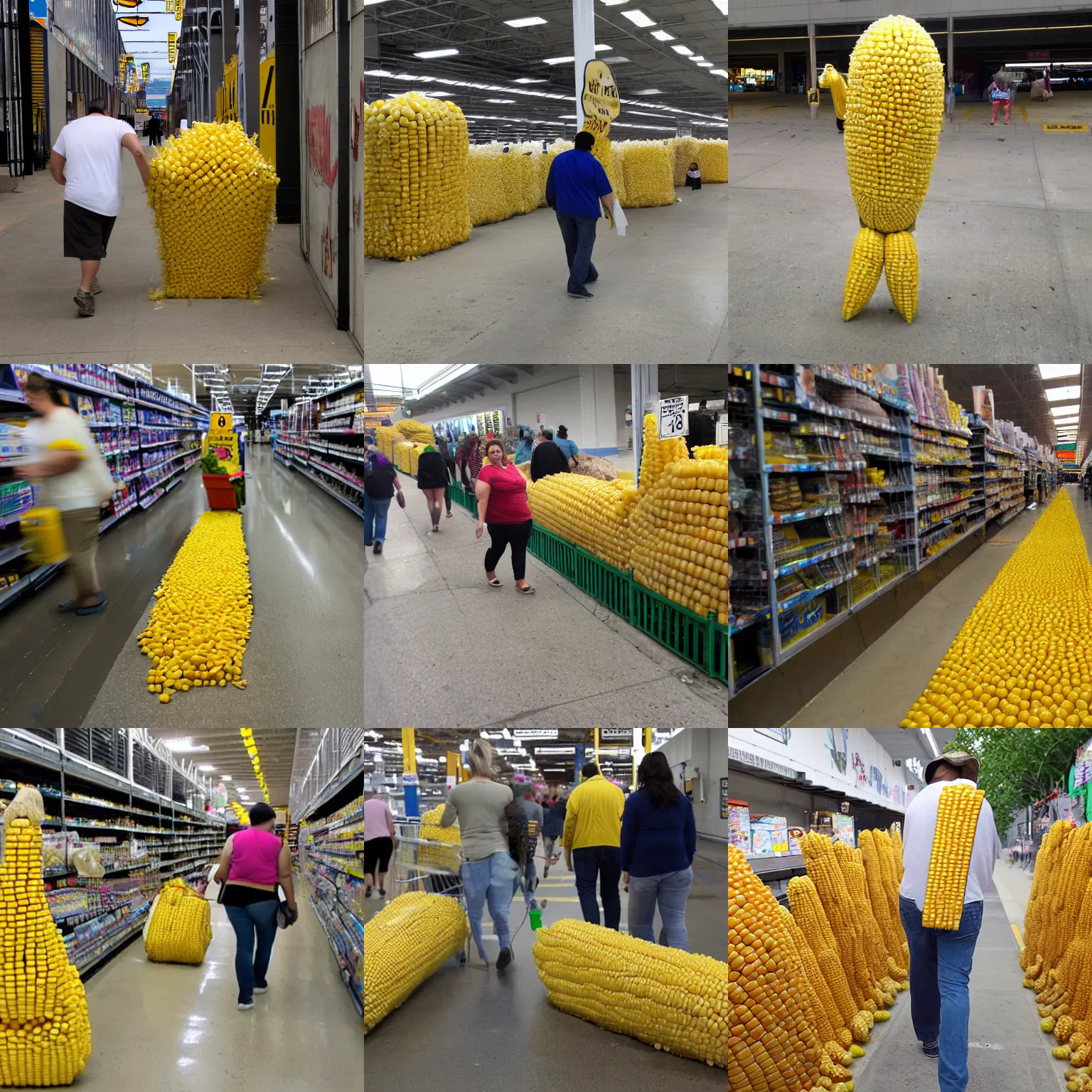 sentient being made of corn roaming around walmart | Stable Diffusion