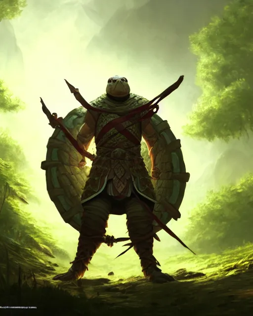 Turtle Warrior holding huge shield, forest background, | Stable Diffusion