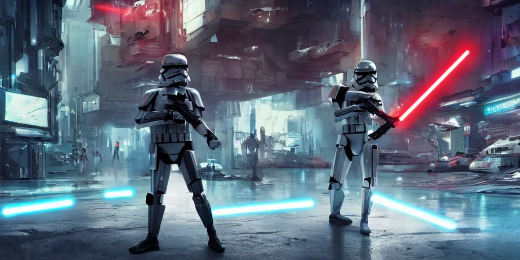 cyber soldier shooting a star wars gun in a cyberpunk | Stable ...