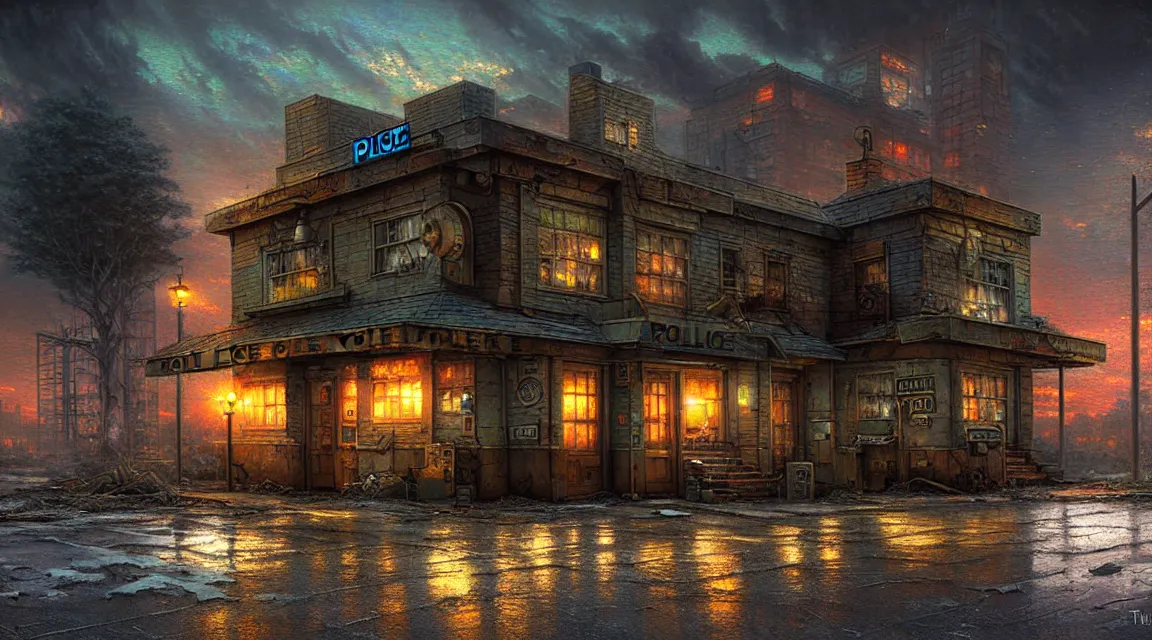 post - apocalyptic police station, by thomas kinkade, | Stable ...