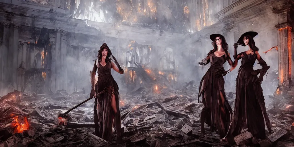 beautiful female witches exploring scorched ruins of | Stable Diffusion ...