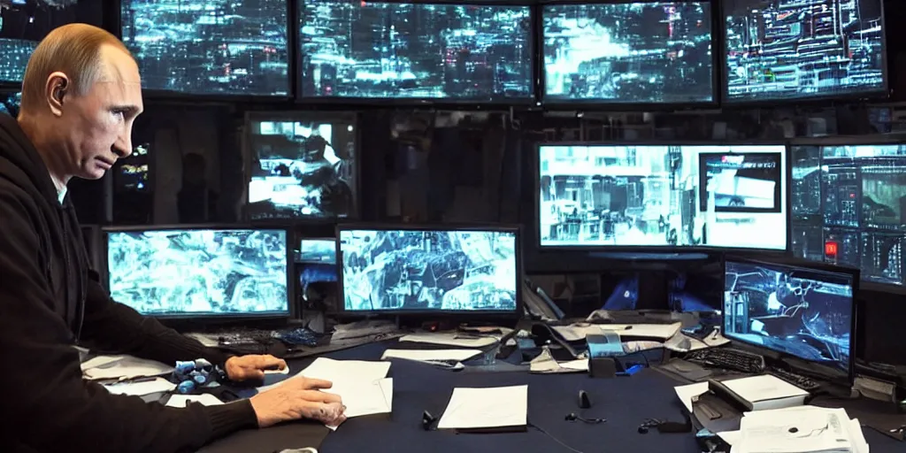 vladimir putin hacking into the mainframe, in dark | Stable Diffusion ...