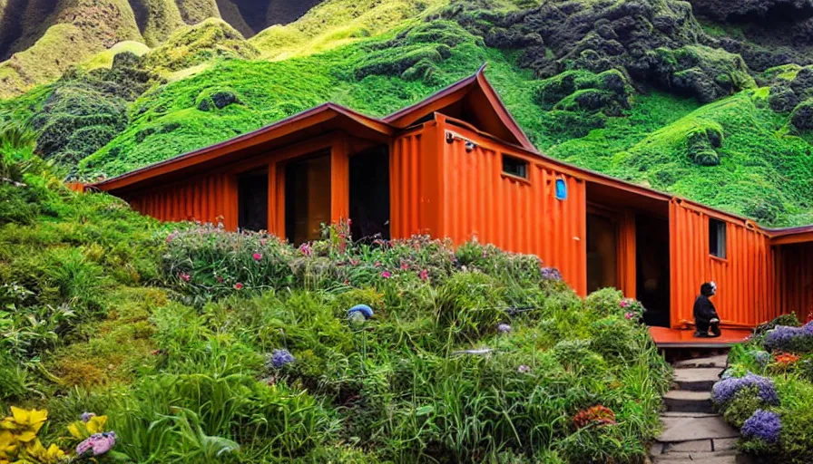 hobbit monastery on hawaii, shipping container | Stable Diffusion
