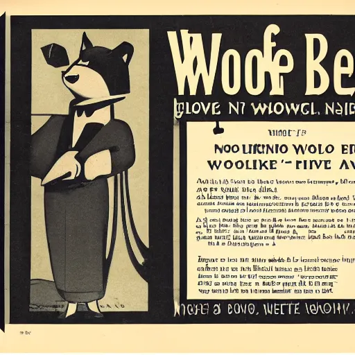 1920s advertisement featuring an anthropomorphic wolf | Stable Diffusion | OpenArt