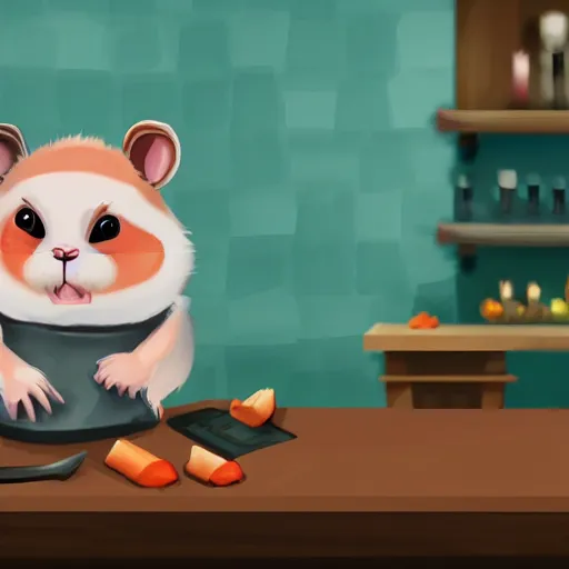 a hamster with an evil face, in a butcher shop, | Stable Diffusion