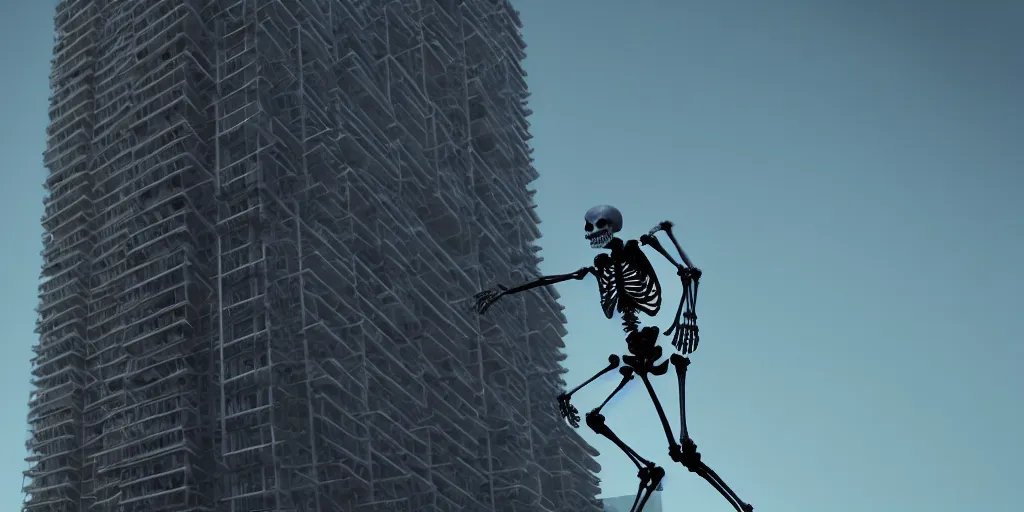 large human skeleton going up the side of a tall | Stable Diffusion