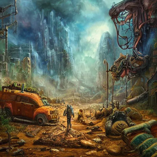 humans exploring ancient post - apocalyptic planet, | Stable Diffusion