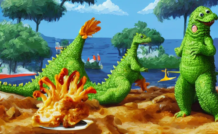 A smiling Godzilla fries mushrooms in a pan on the | Stable Diffusion ...