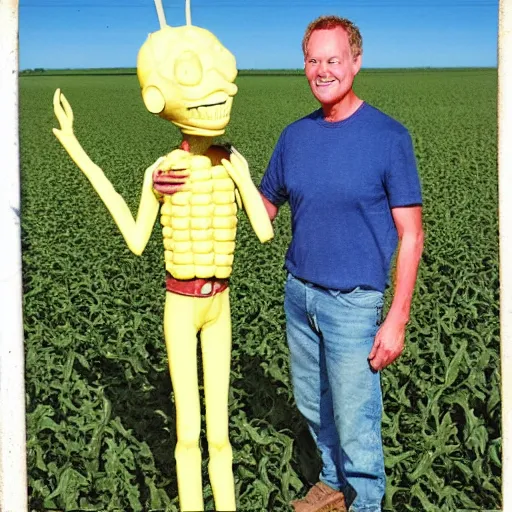 a skinny alien with a big head standing next to a | Stable Diffusion