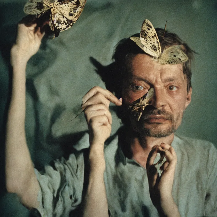 movie still by tarkovsky portrait of a man with a moth | Stable ...