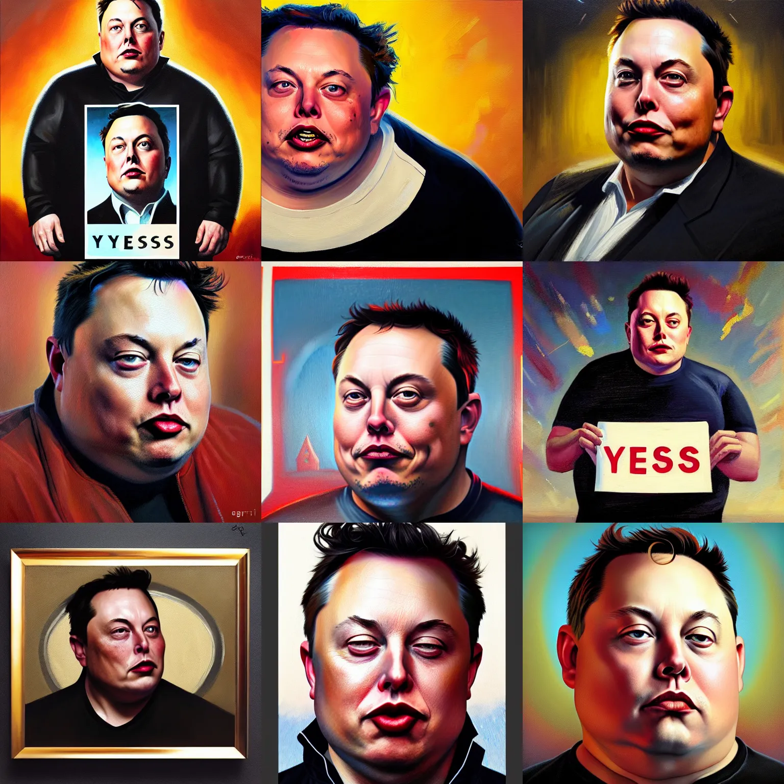oil painting of a fat elon musk with the word yes | Stable Diffusion ...