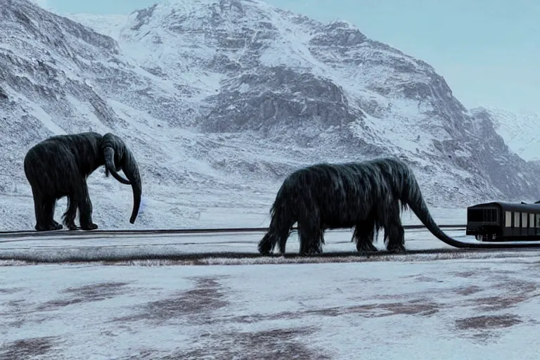 a futuristic black steam train and a giant mammoth in | Stable Diffusion