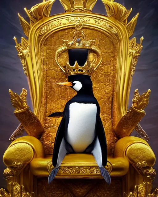 oil painting of penguin, sitting on golden throne, | Stable Diffusion