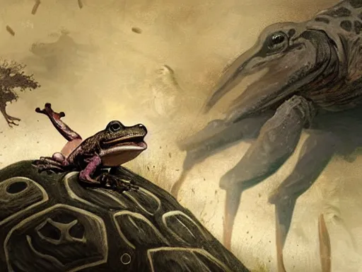a frog riding on a turtle's back, digital illustration | Stable ...