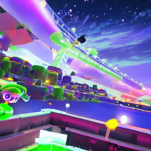 a landscape in the night of video game splatoon 3, | Stable Diffusion