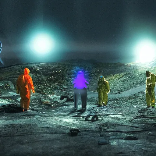 People in hazmat suits holding flashlights peering at | Stable ...