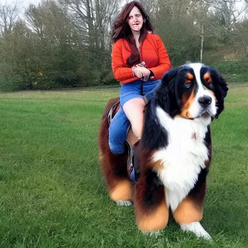 girl riding giant Bernese Mountain Dog in the park, | Stable Diffusion