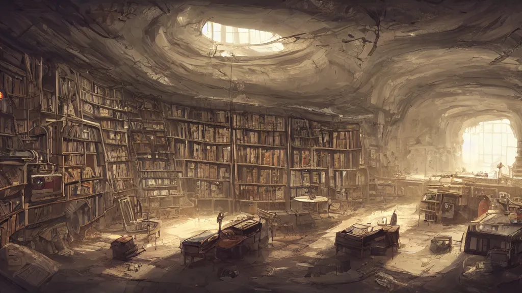 inside a cozy post apocalyptic library, concept art, | Stable Diffusion ...