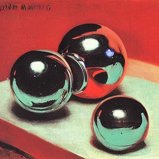 chrome spheres on a red cube by frank frazetta | Stable Diffusion