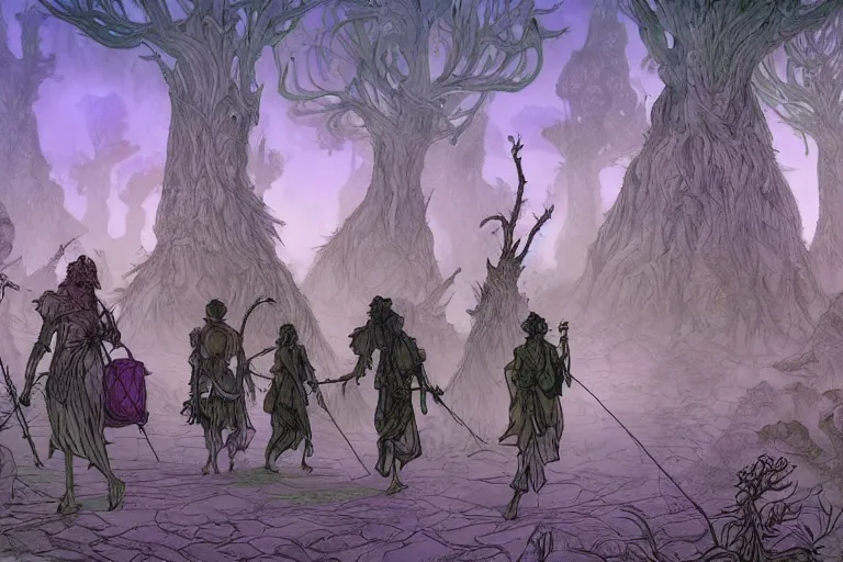 group of treefolk merchant nomads walking through a | Stable Diffusion ...