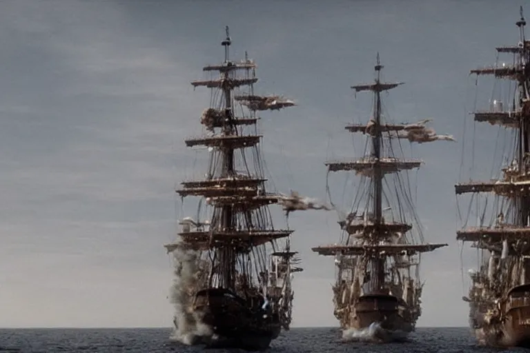 vfx movie closeup pirate ships firing canons by | Stable Diffusion ...