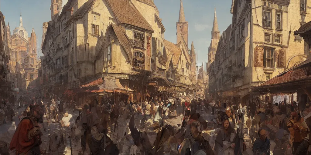 photo of a medieval busy market street. architecture. | Stable Diffusion