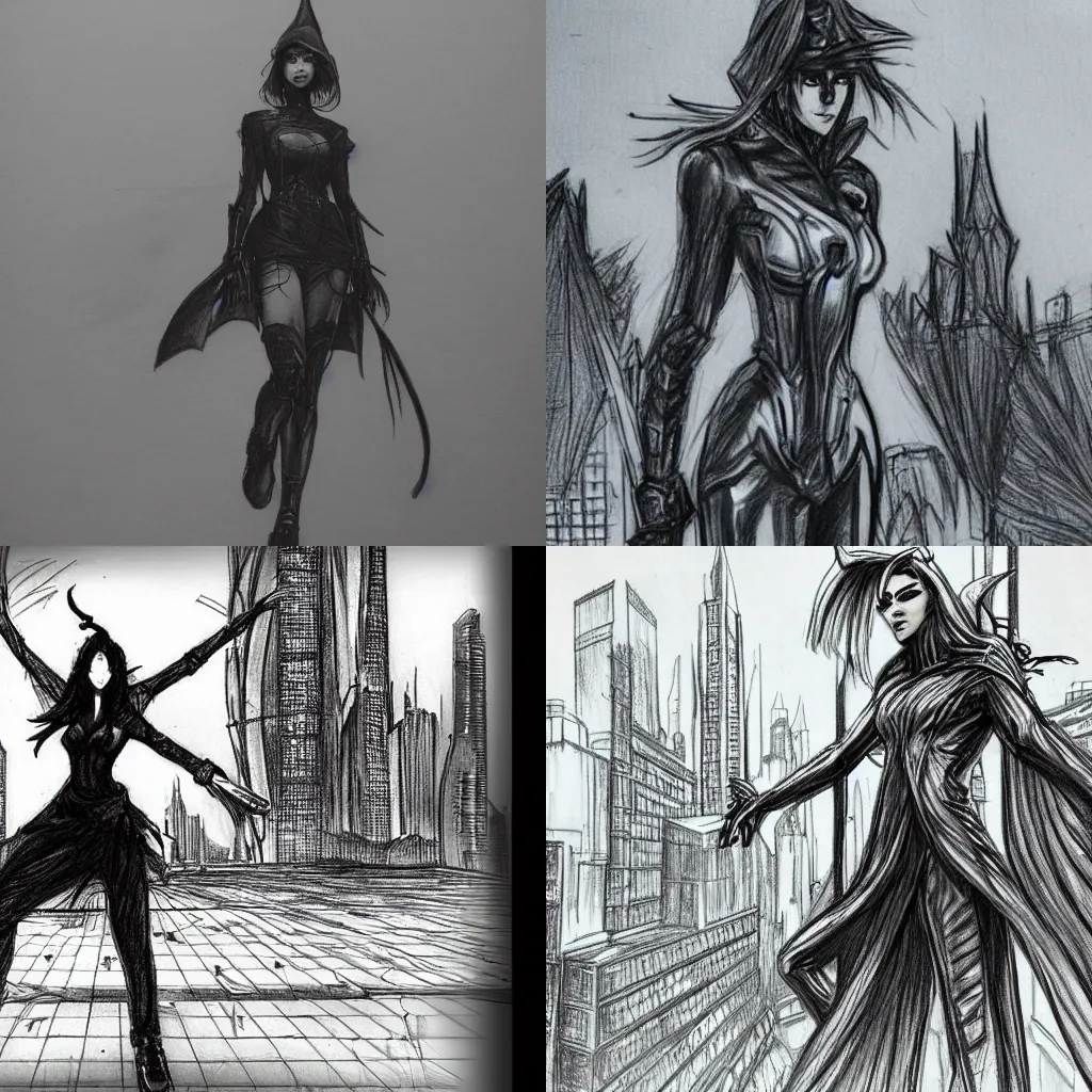 pencil sketch of a beautiful cyberpunk witch, city in | Stable Diffusion