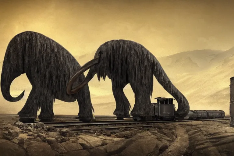 a futuristic black steam train and a giant mammoth in | Stable Diffusion