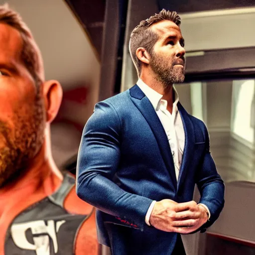 Ryan Reynolds as a bodybuilder wearing a suit, 4k hd | Stable Diffusion