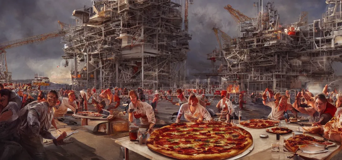 grandiosa pizza devoured by workers on an oil rig, 80s | Stable Diffusion