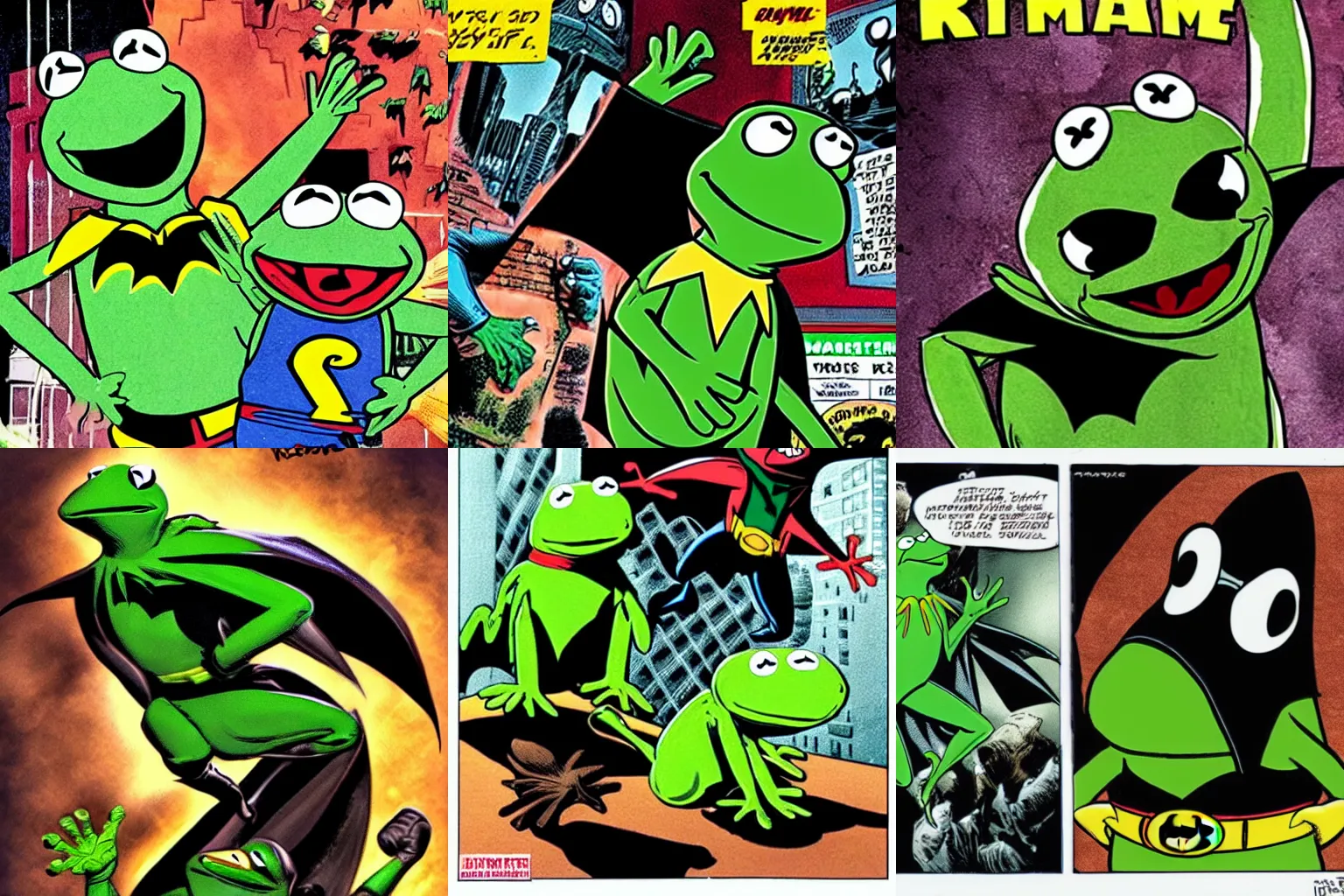 Kermit the frog fighting batman, in the style of a | Stable Diffusion ...