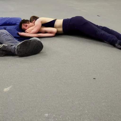 deflated human, flattened human on the floor, hollow, | Stable Diffusion