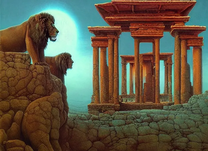 “A surreal oil painting of an ancient temple guarded | Stable Diffusion | OpenArt