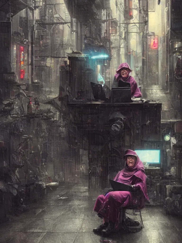 a three-quarters shot of a techno wizard grandma | Stable Diffusion