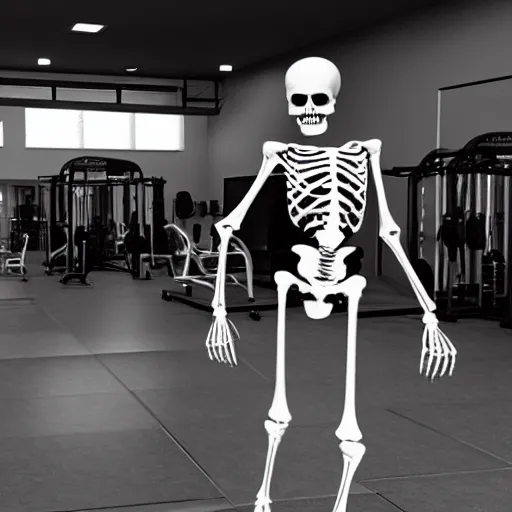 a skeleton walking around a gym, realistic phone photo. | Stable ...