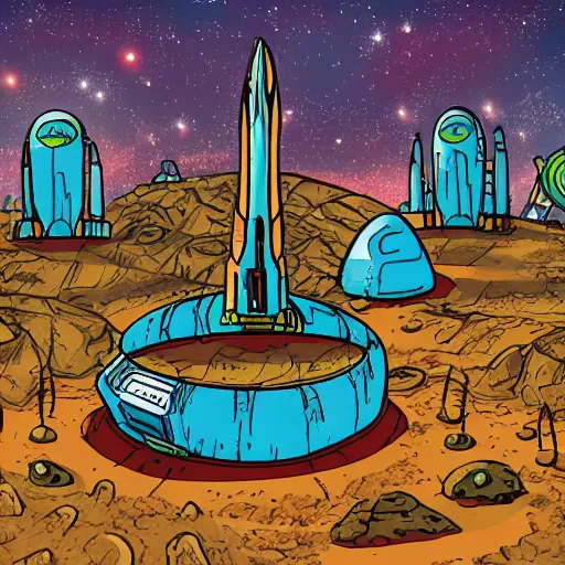cartoon alien landscape with a spaceport | Stable Diffusion