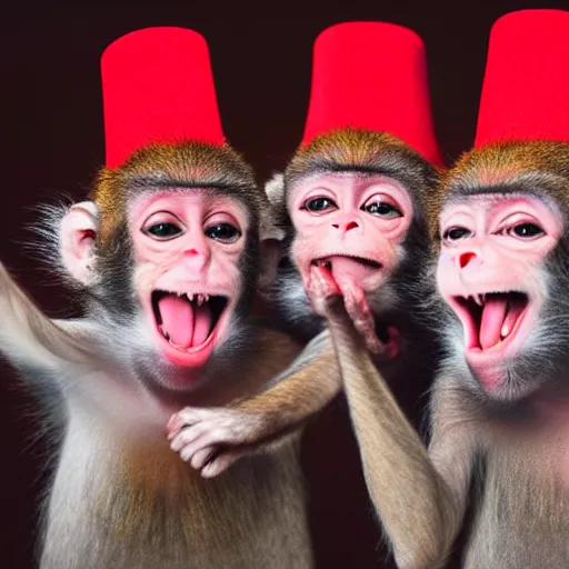 3 monkeys wearing red top hats, pointing their fingers | Stable Diffusion | OpenArt