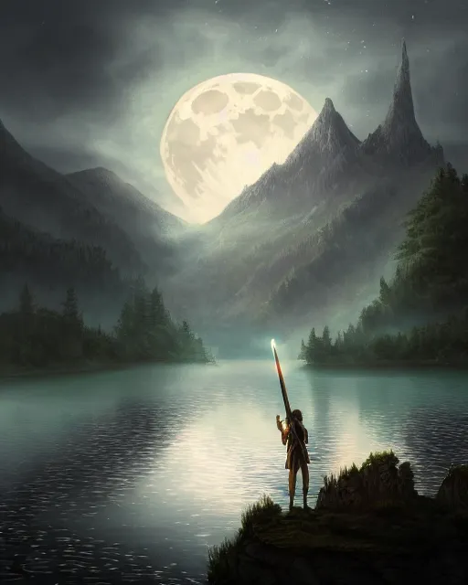 a magic sword rising from the middle of a lake under a | Stable ...