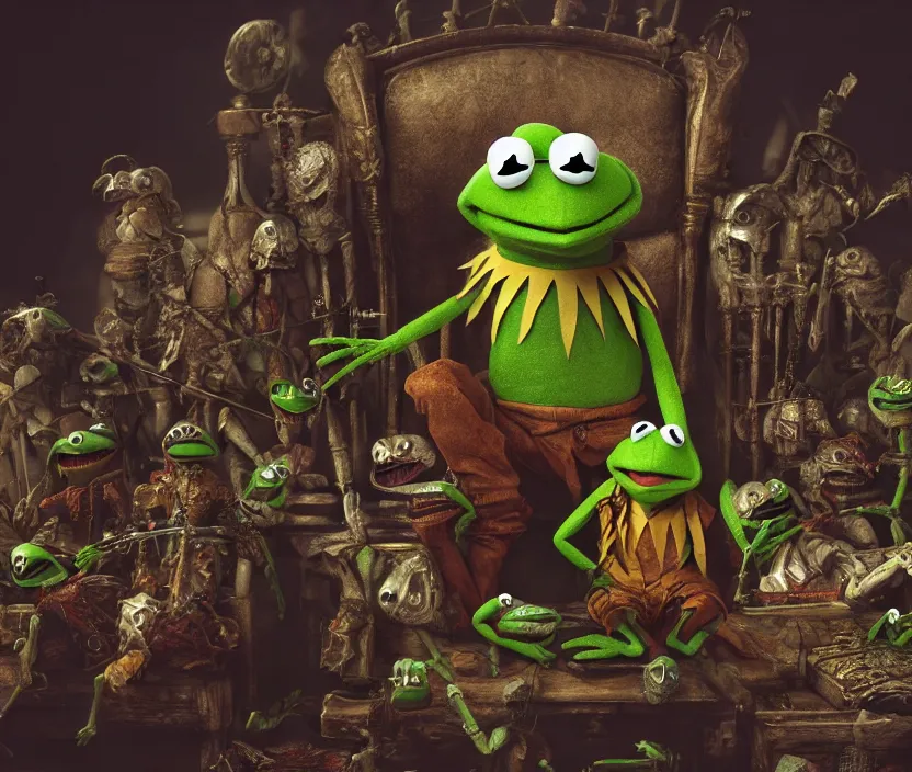 Kermit the Frog, sitting on a throne of skeletons, a | Stable Diffusion ...